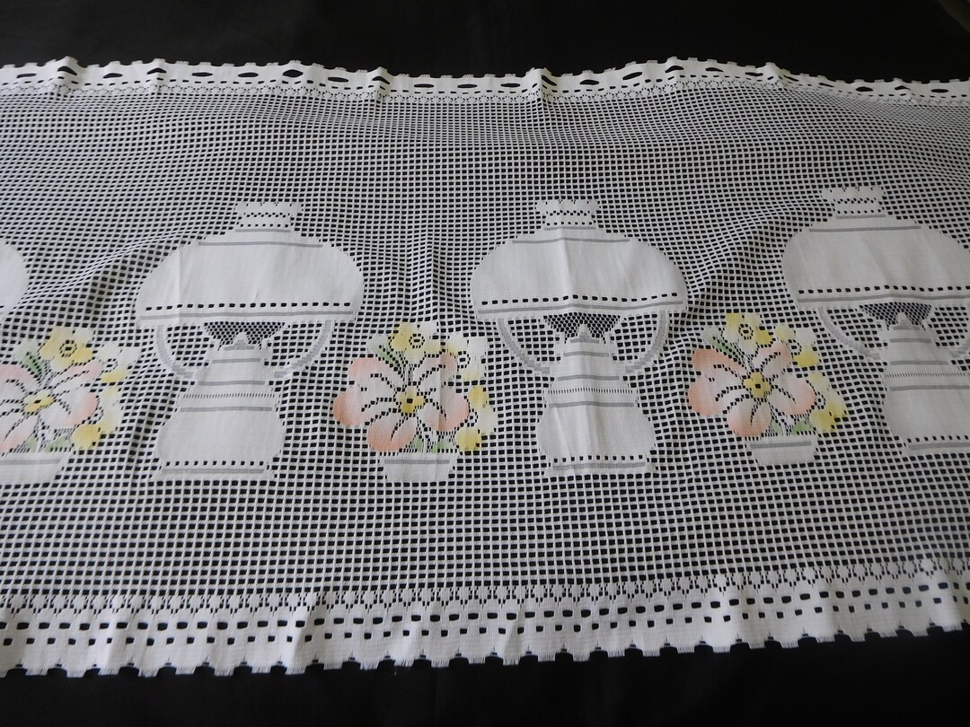 French Vintage Lace Net Curtain With Pictures of Oil Lamps and Colored ...