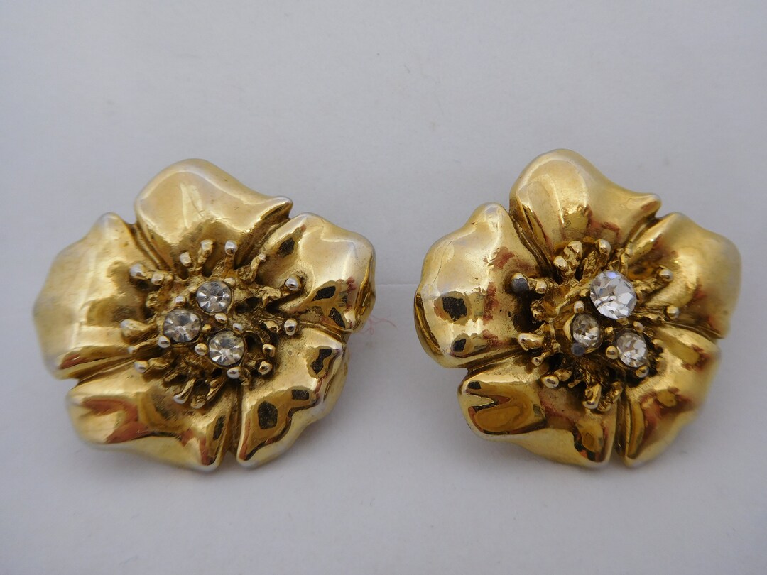 French Vintage Faux Diamonds Gold Coloured Metal Clip-on Earrings 18251 ...