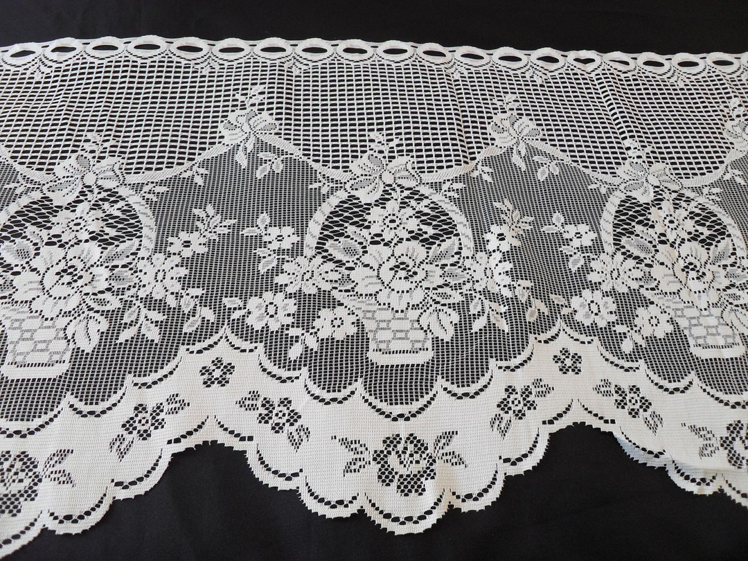 French Vintage Thick Cream Lace Window Curtains 215 Cm Width X 57 Cm ...