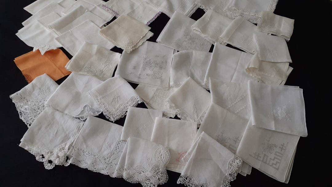 37 French Vintage Assorted Ladies Embroidered Handkerchiefs (20115) H ...