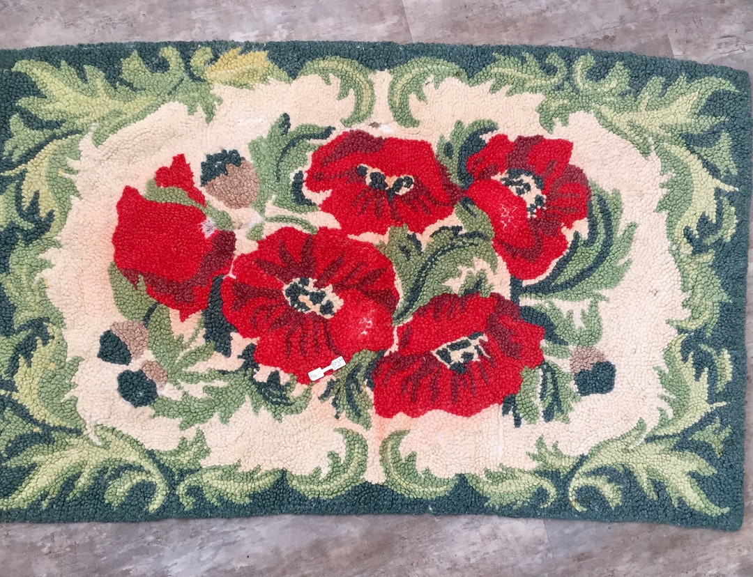 Vintage Wool Rug Roses and Leaves , Hand Hooked Wool Rug, Farmhouse ...