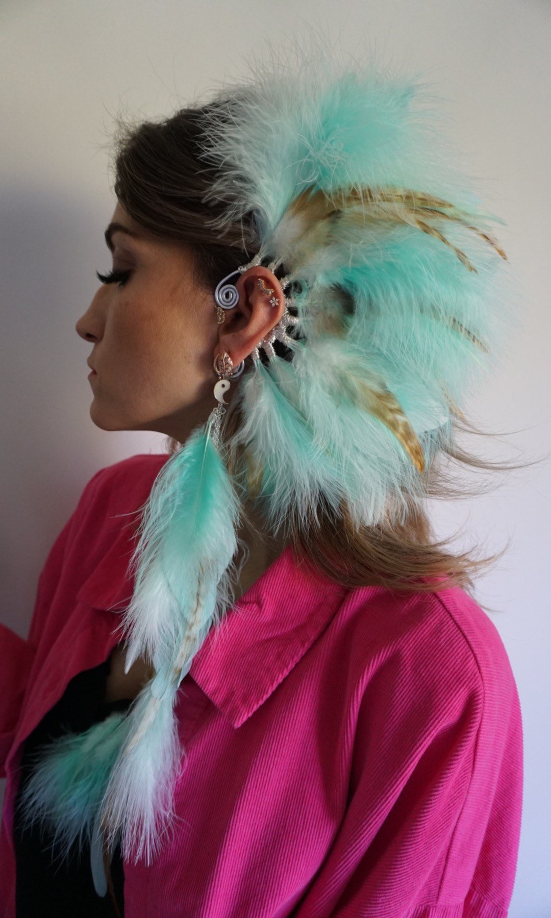 Mint Color Feathers Ear Cuff, Ear Braclet, Feather Ear Wrap, Hair ...