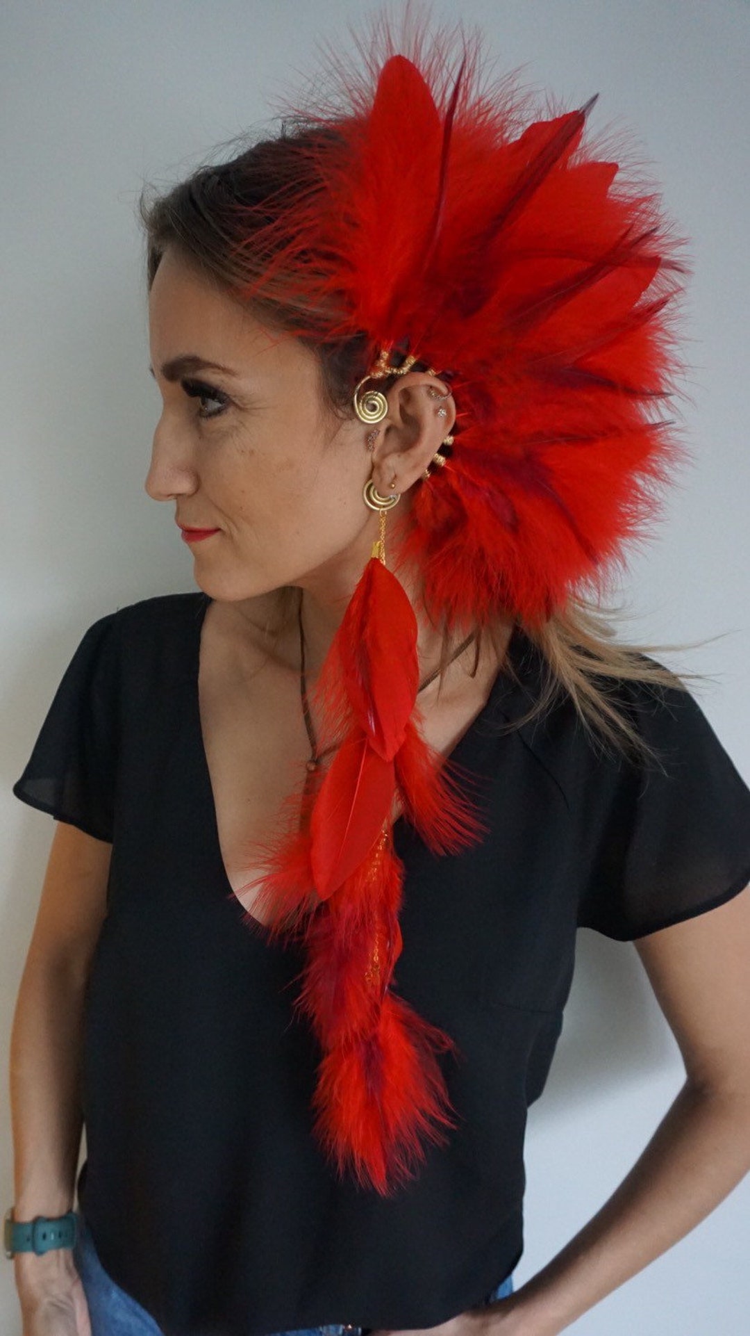 Bright Red Feathers Ear Cuff Ear Braclet Feather Ear Wrap - Etsy