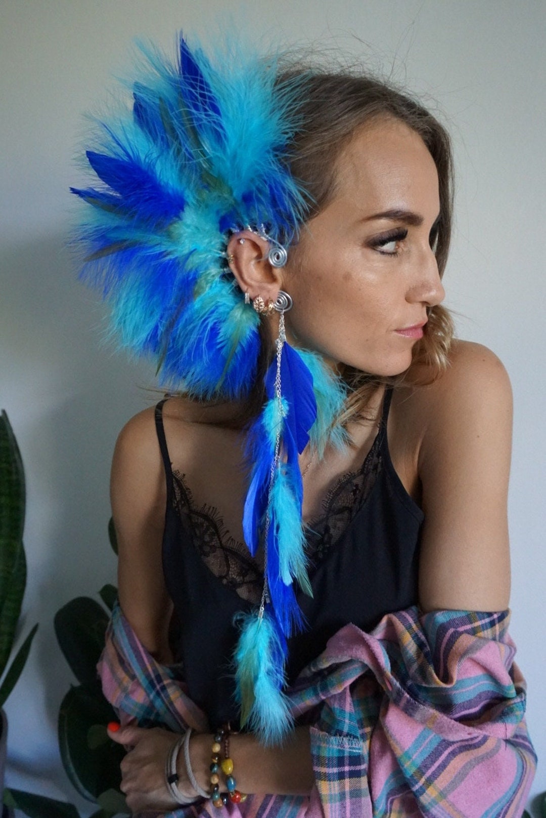 Bright Blue Color Feathers Ear Cuff, Ear Braclet, Feather Ear Wrap ...