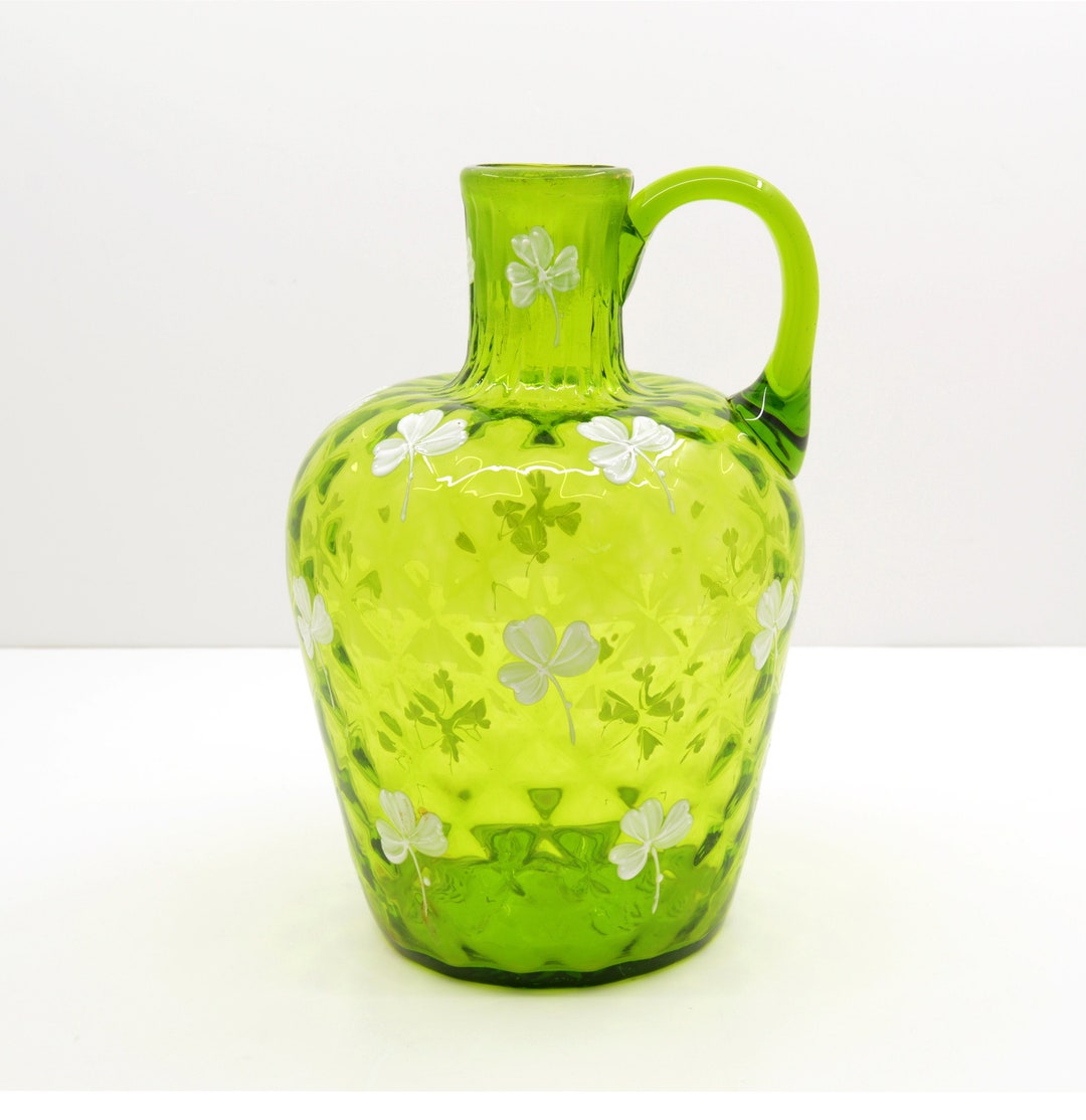 Chartreuse Green Glass Jug With Handle - Handmade Painted White Enamel ...