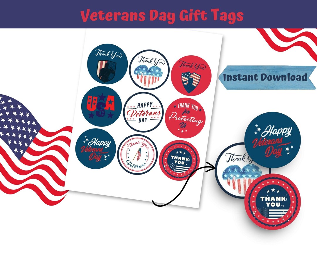 Happy Veterans Day Gift Tag Printable, Patriotic Cookie Tags, Thank You ...