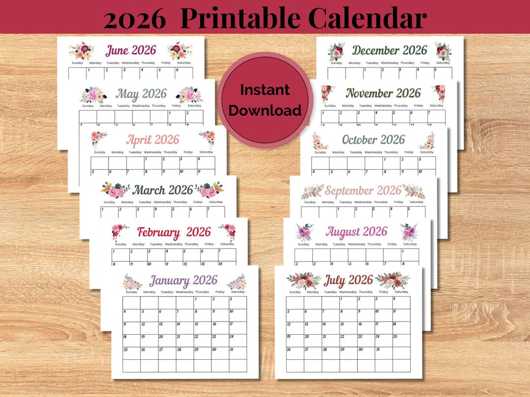 2026 Watercolor Floral Calendar, PRINTABLE 12 Month Calendar, Monthly ...