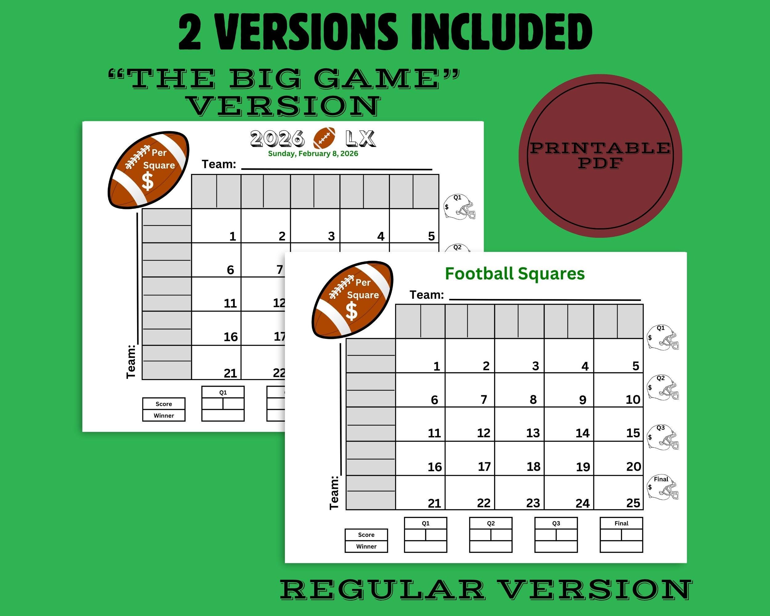 Super Big Game Football Squares, PRINTABLE 25 Square Football Pool ...