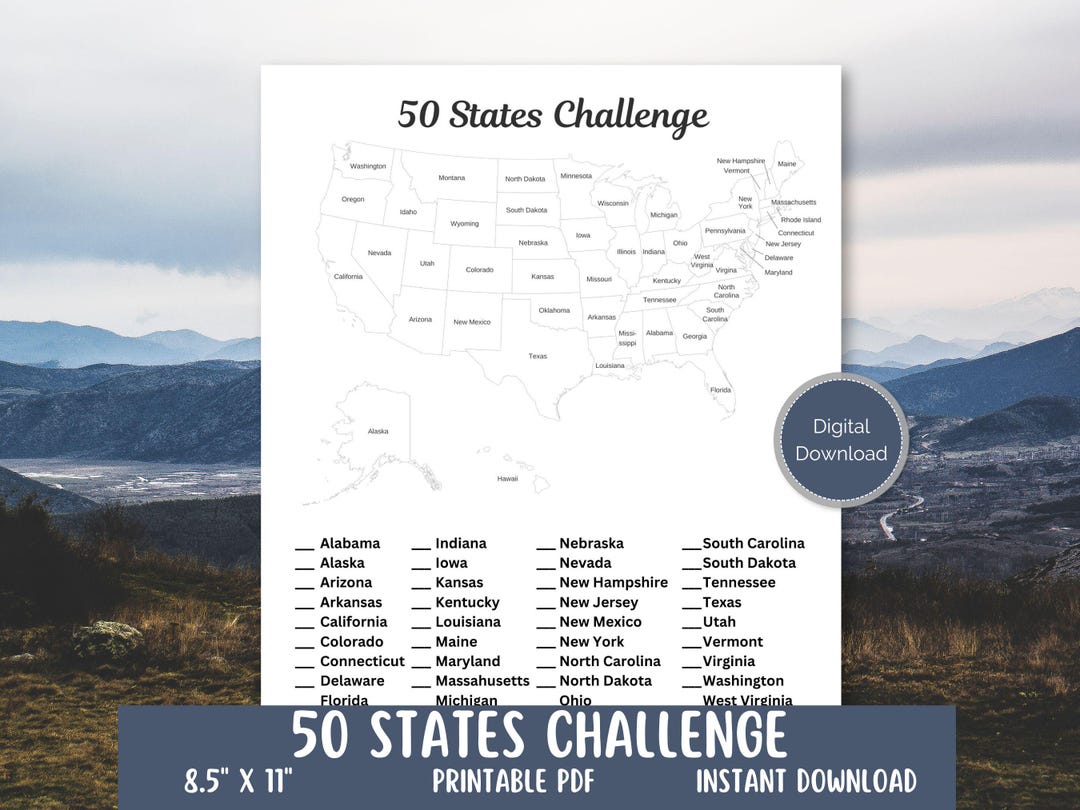 50 States Challenge, PRINTABLE United States Bucket List, US Fifty ...
