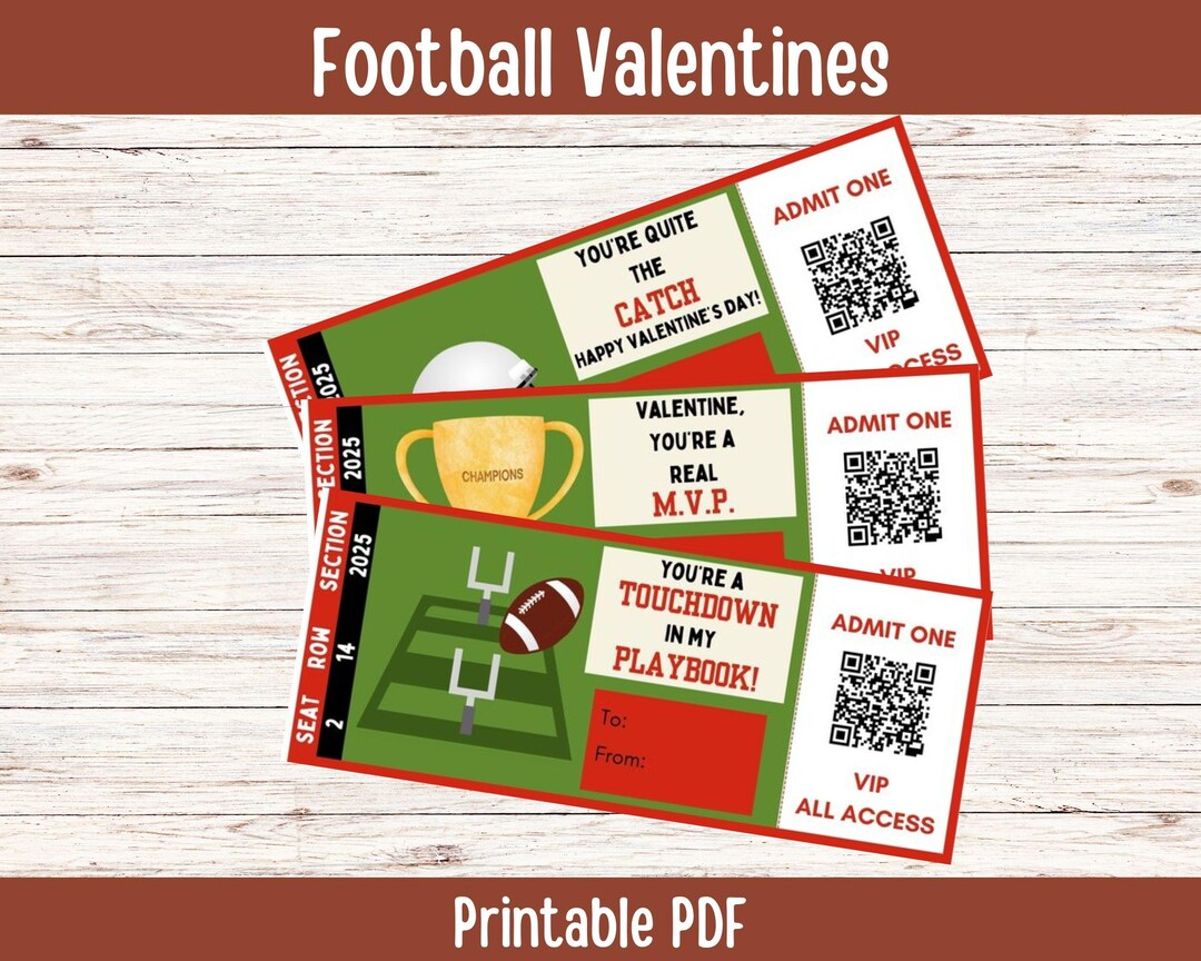 Football Valentines Day Card, PRINTABLE Football Ticket Valentine ...