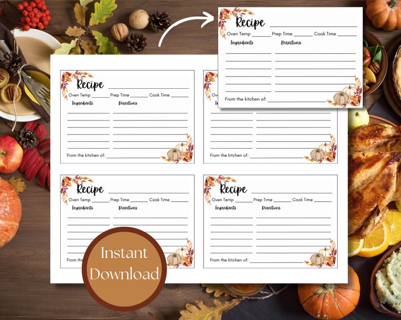Fall Recipe Cards, PRINTABLE, Thanksgiving Recipe Card, Kitchen, Baking ...