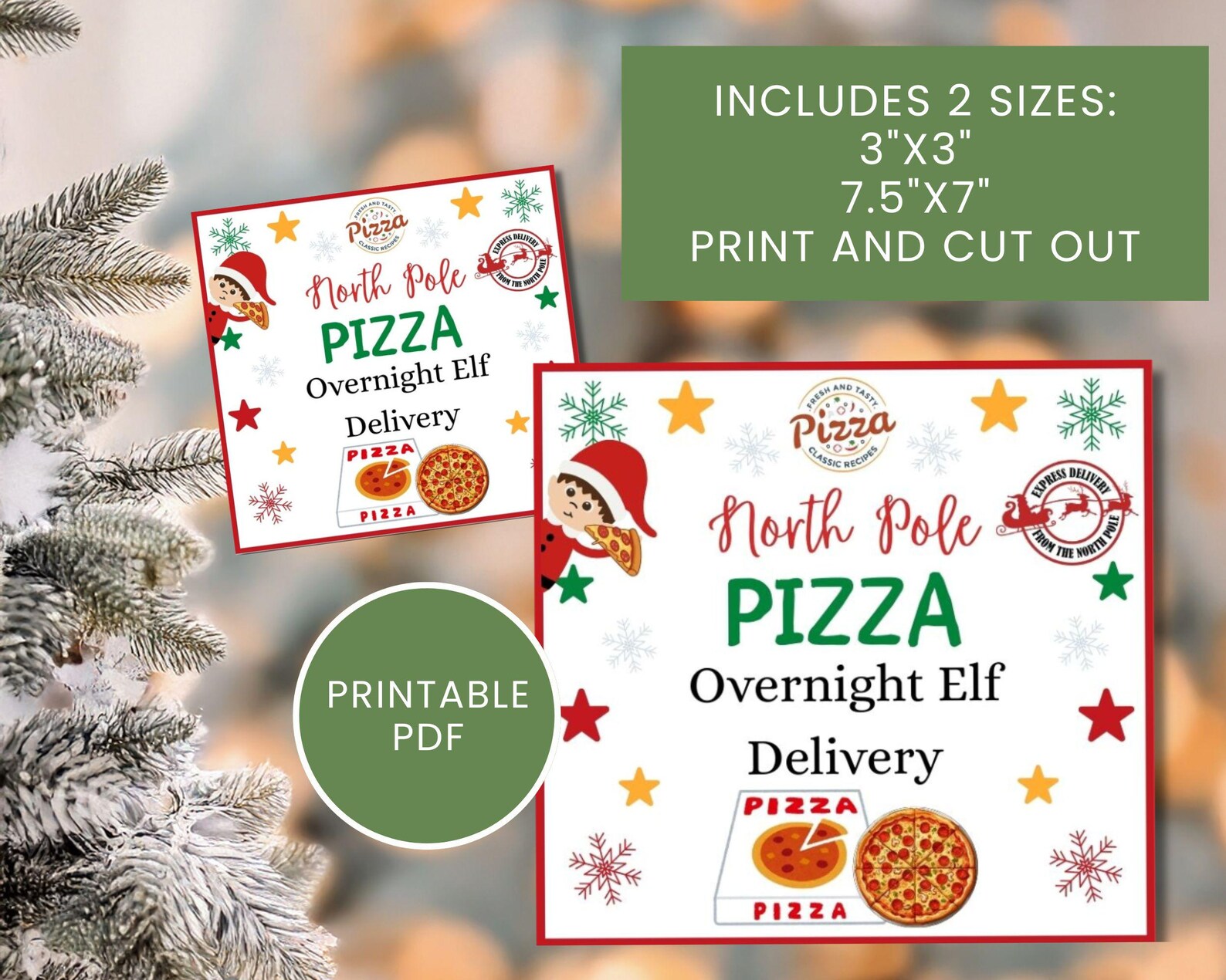 Elf North Pole Pizza Delivery Tag, PRINTABLE, Elf Christmas Pizza Sign ...
