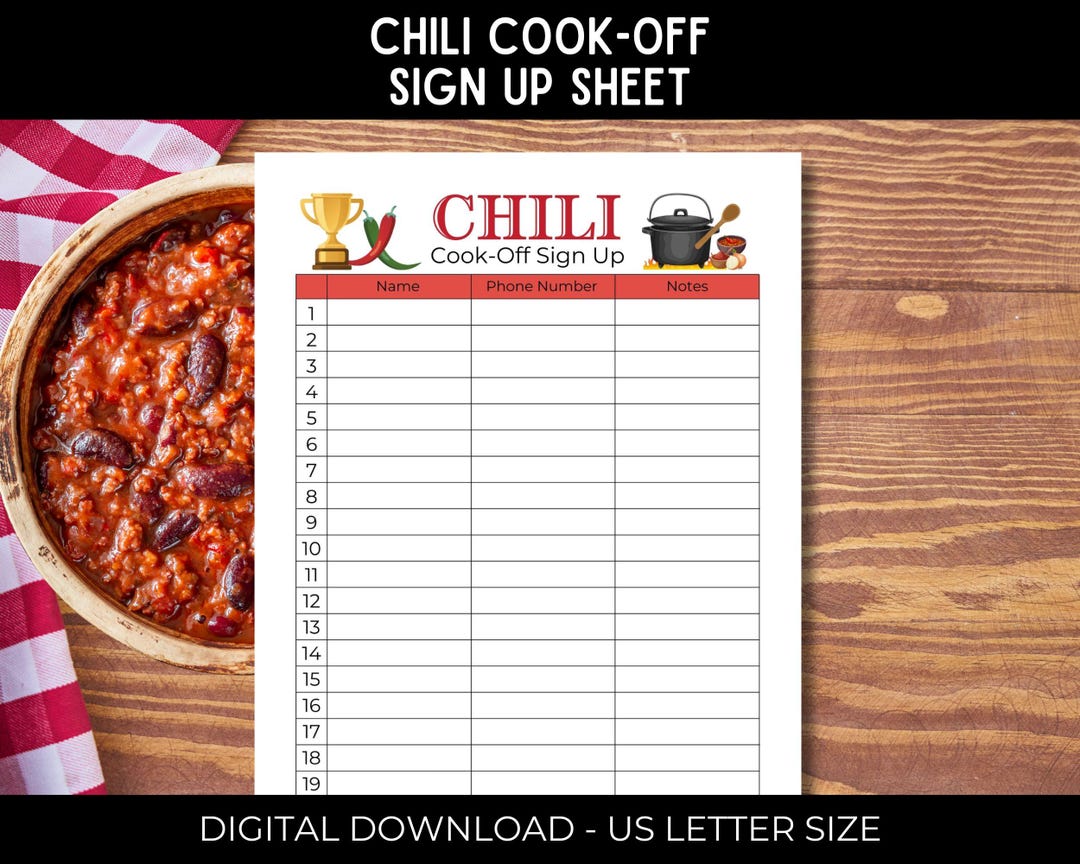 Chili Cook off Sign up Sheet, PRINTABLE, Chili Cook-off Planner, Chili ...