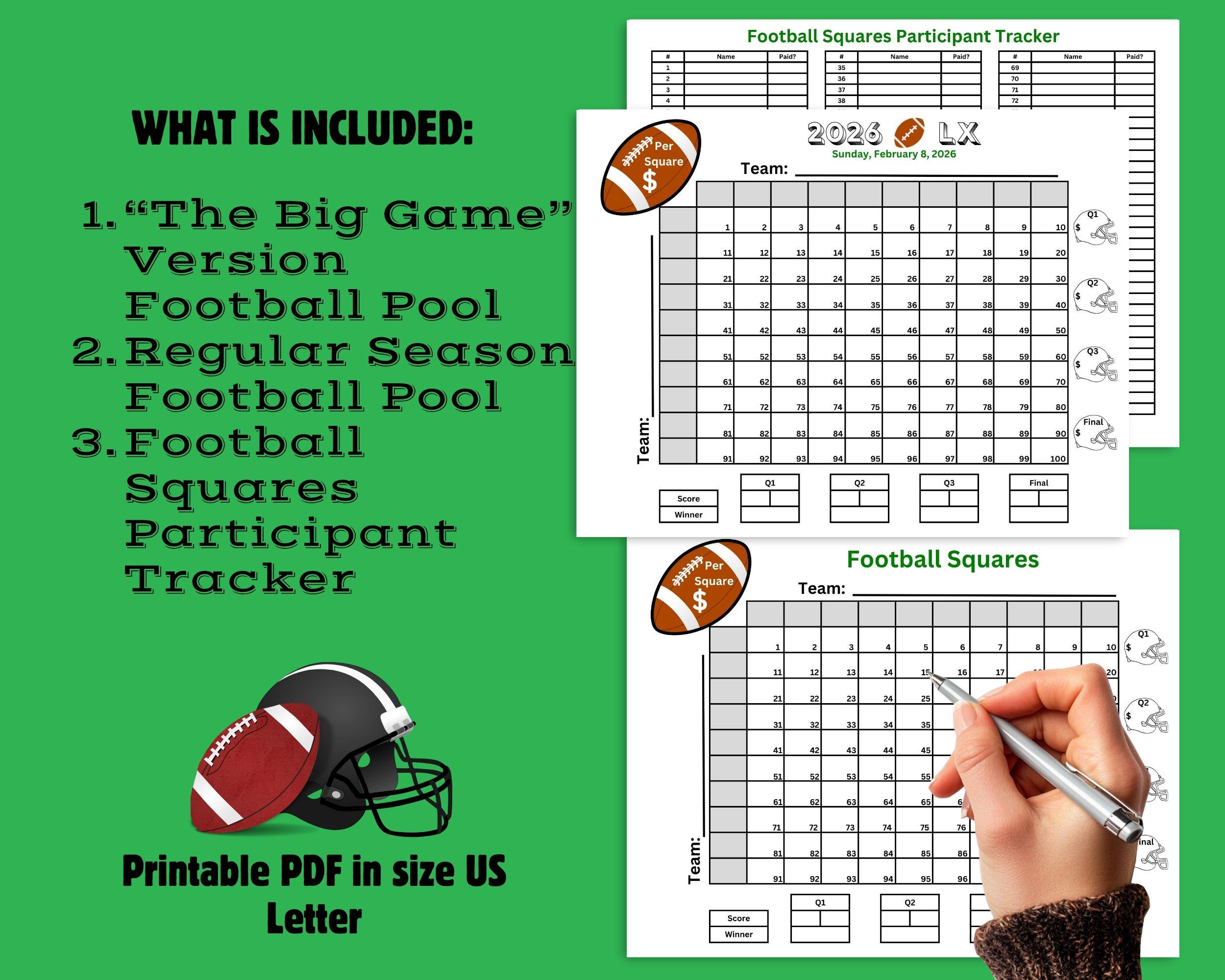 Super Big Game Football Squares, PRINTABLE 100 Square Football Pool ...