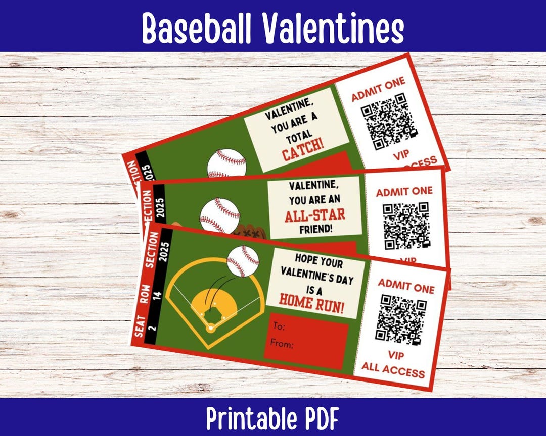 Baseball Valentines Day Card, PRINTABLE Baseball Ticket Valentine, Home ...