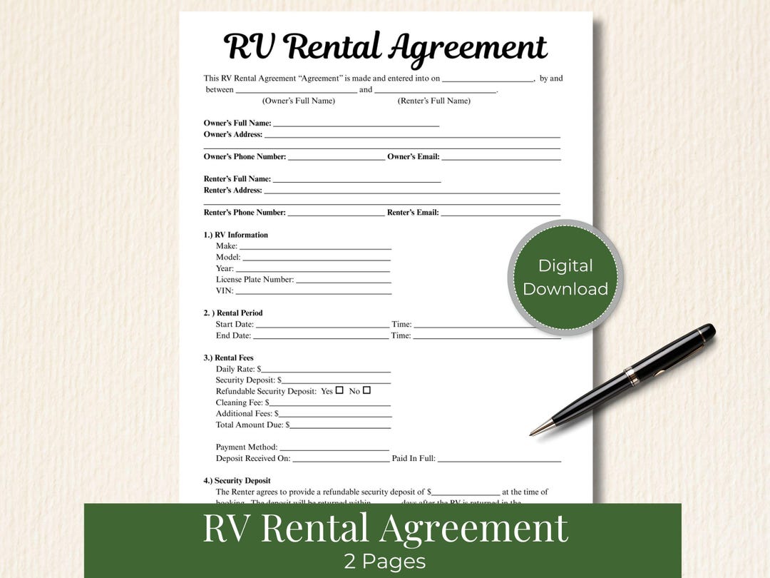 RV Rental Agreement, Camper Contract, Motorhome Lease, Digital Download ...