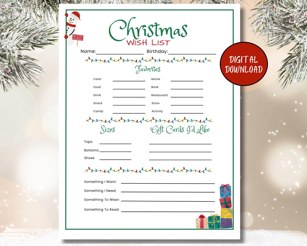 Christmas Wish List, PRINTABLE, Christmas Wishlist, Gift Questionnaire ...