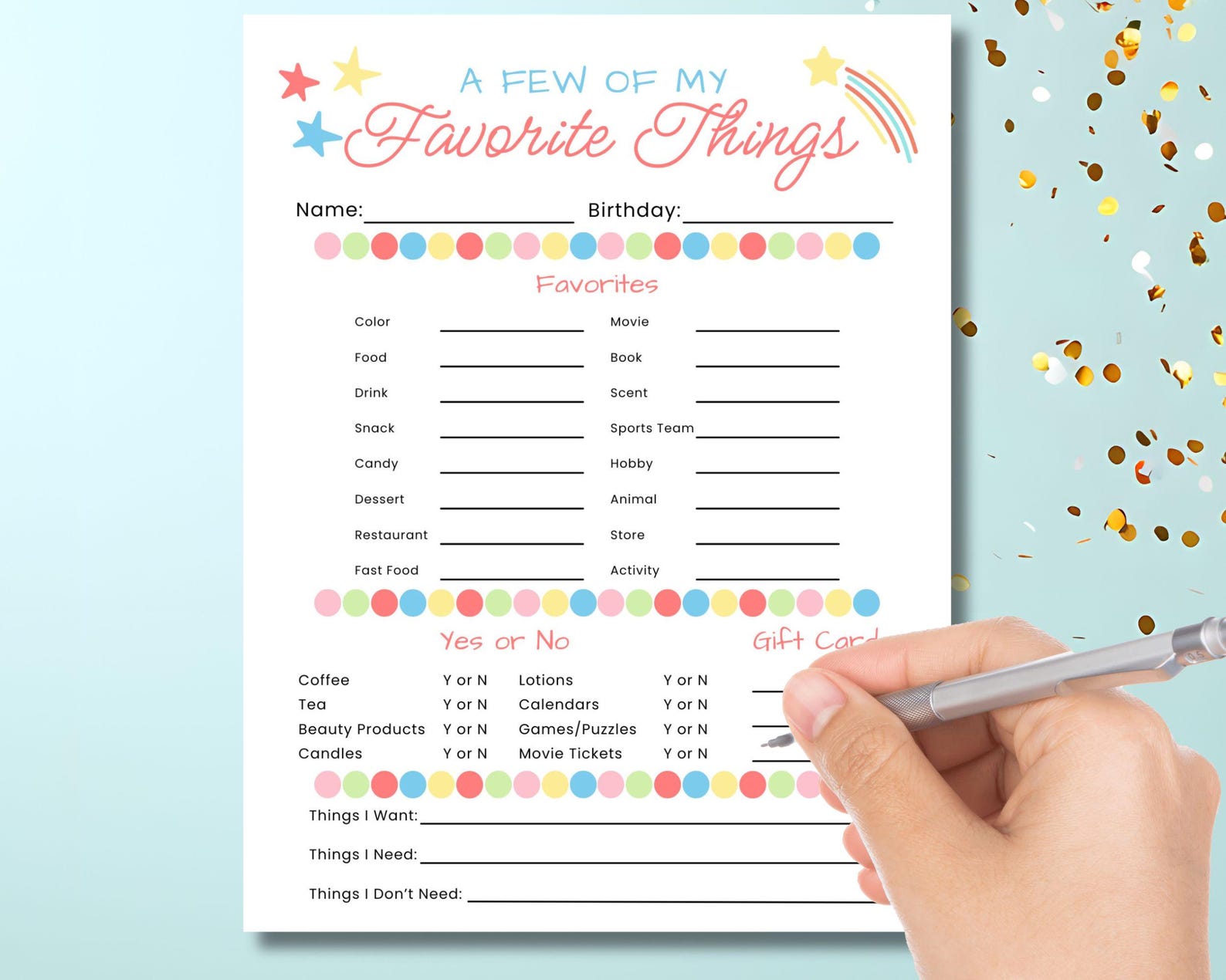 Favorite Things List, PRINTABLE, Teachers Favorites List, Gift ...