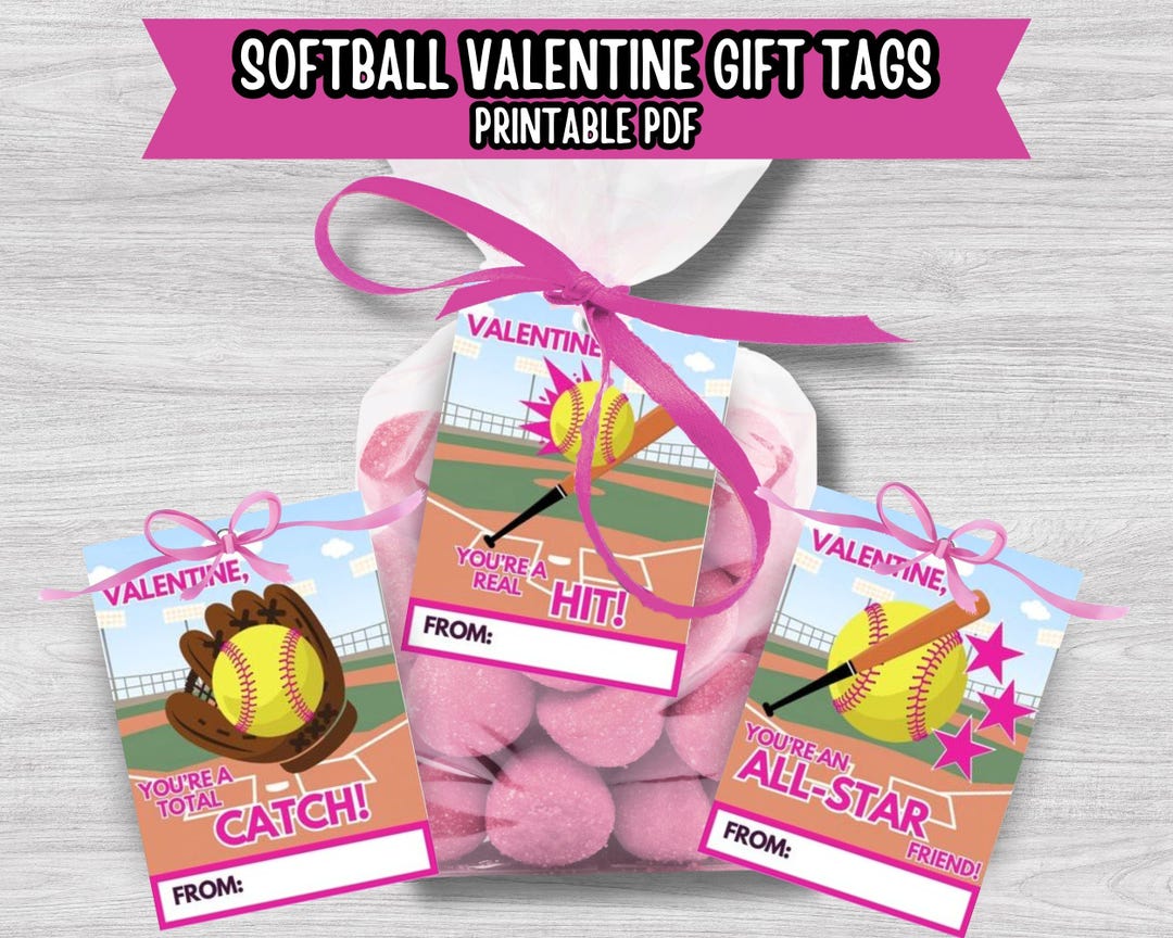 Softball Valentine Tags, PRINTABLE, Softball Valentine Cards, Kids ...