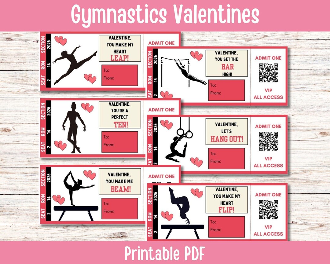 Gymnastics Valentines Day Card, PRINTABLE, Tumbling Ticket Valentine ...