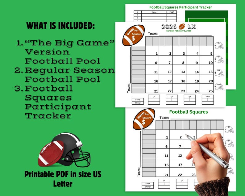 Super Big Game Football Squares, PRINTABLE 25 Square Football Pool ...
