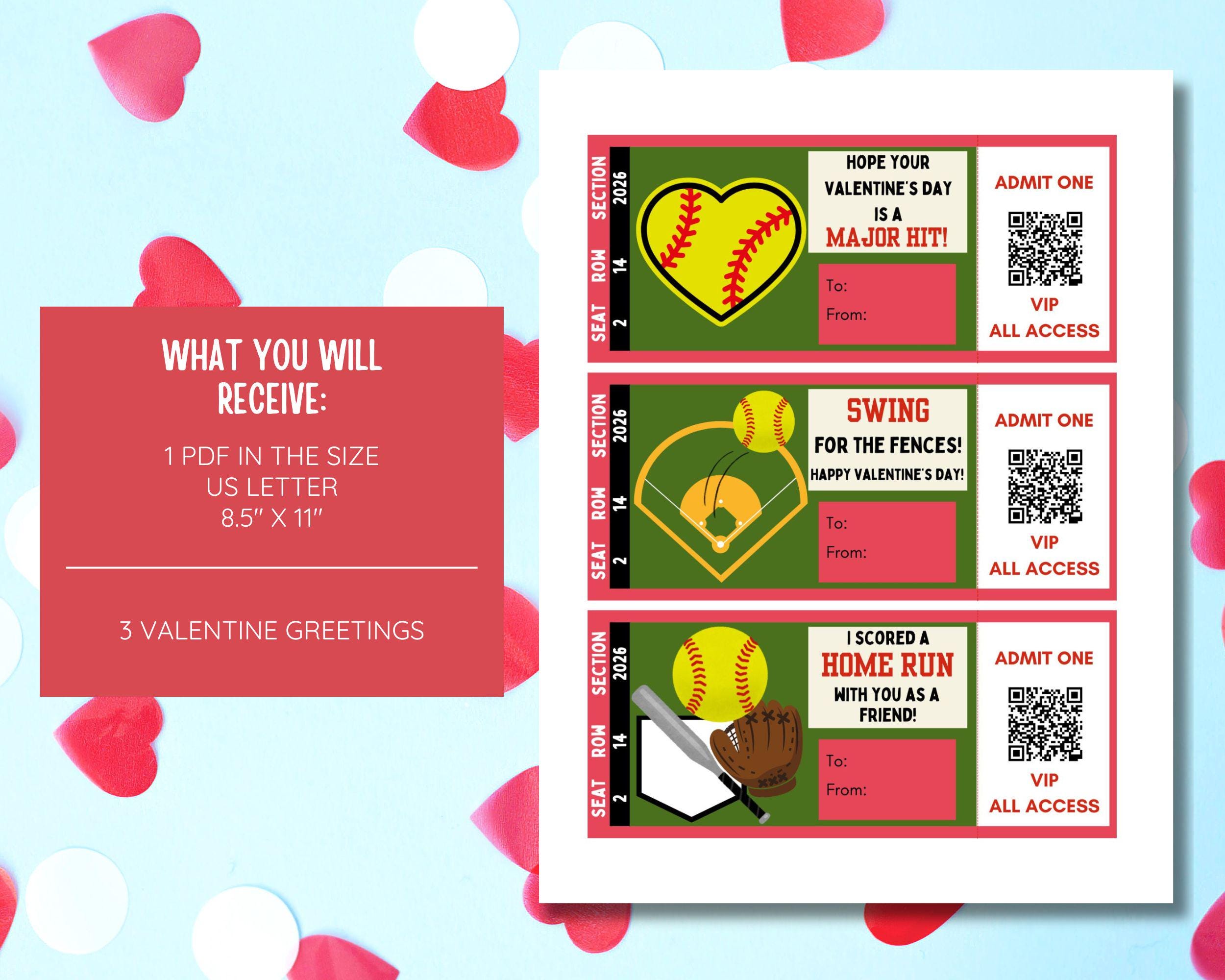 Softball Valentines Day Card, PRINTABLE Softball Ticket Valentine, Home Run Valentine, Kids ...