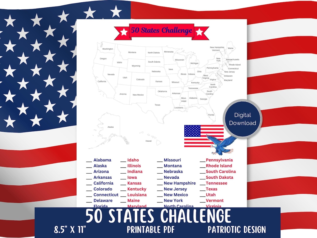 50 States Challenge, PRINTABLE United States Bucket List, US Fifty ...