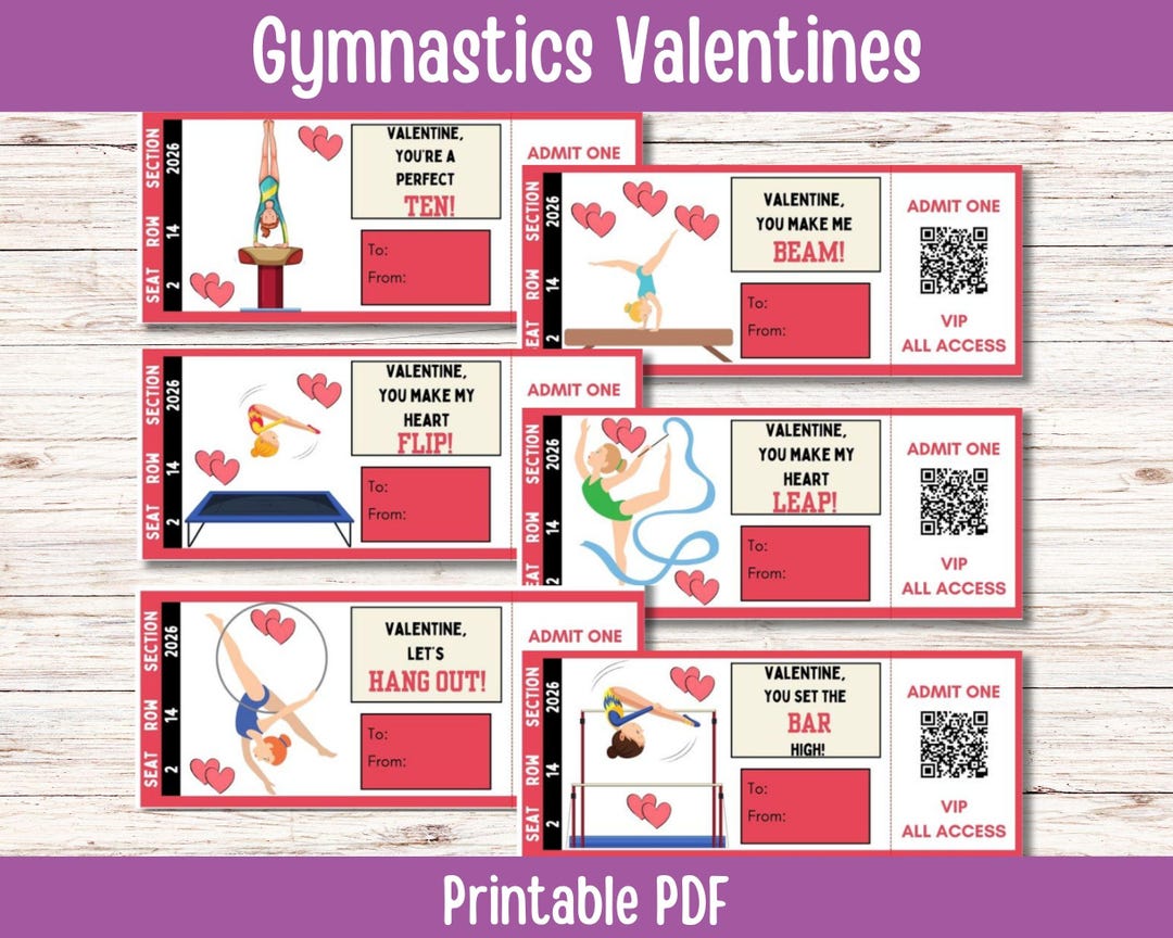 Gymnastics Valentines Day Card, PRINTABLE, Tumbling Ticket Valentine ...