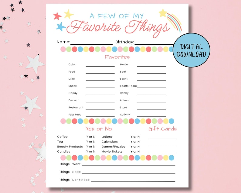Favorite Things List, PRINTABLE, Teachers Favorites List, Gift ...