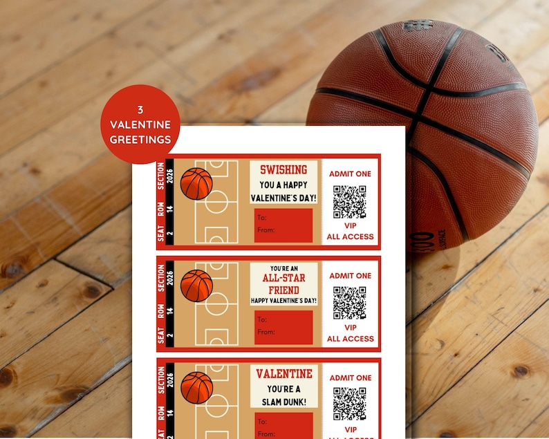 Basketball Valentines Day Card, PRINTABLE Basketball Ticket Valentine ...