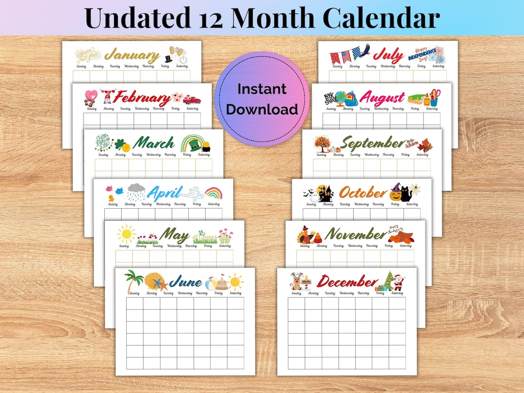 Undated Monthly Calendar, 12 Month Planner, Printable PDF - Etsy