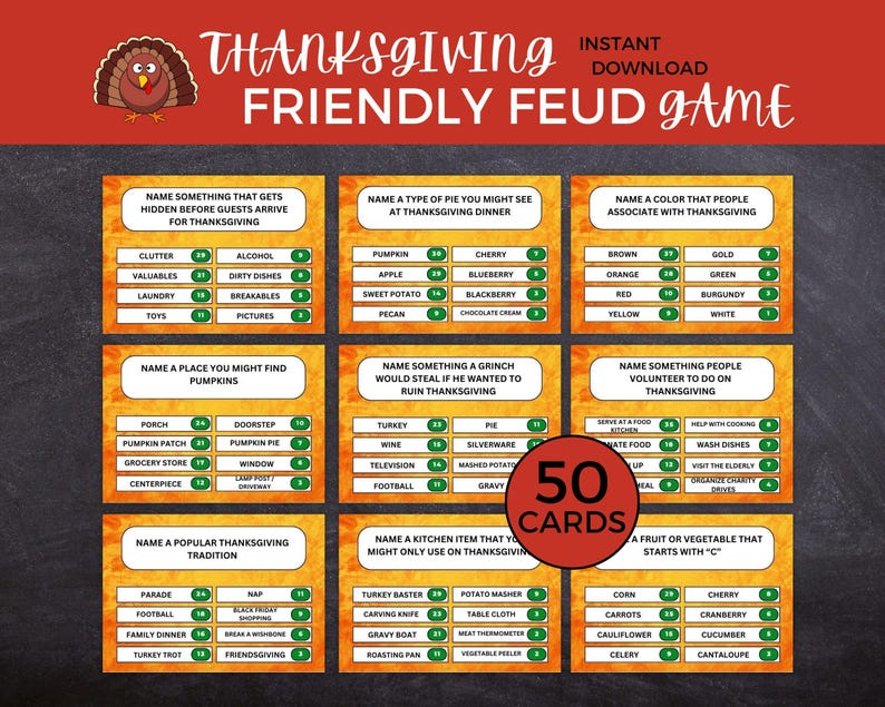 Thanksgiving Friendly Feud Game, Trivia for Adults & Teens, Family Game ...