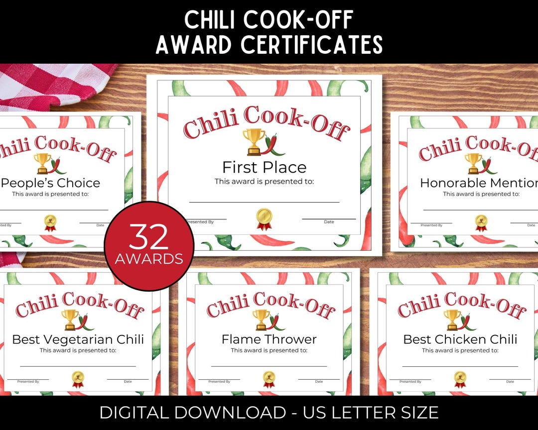 Chili Cook-off Award Certificates, PRINTABLE, Chili Cookoff Awards ...