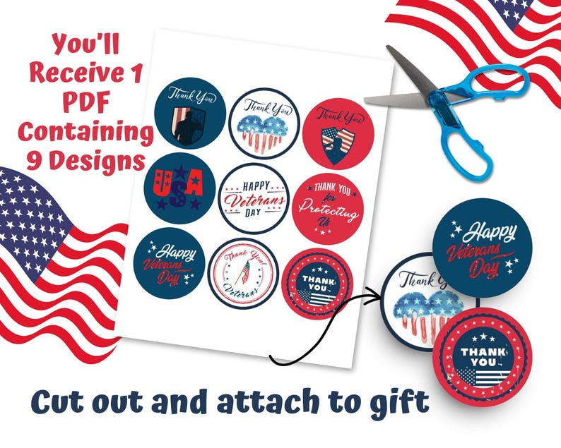 Happy Veterans Day Gift Tag Printable, Patriotic Cookie Tags, Thank You ...