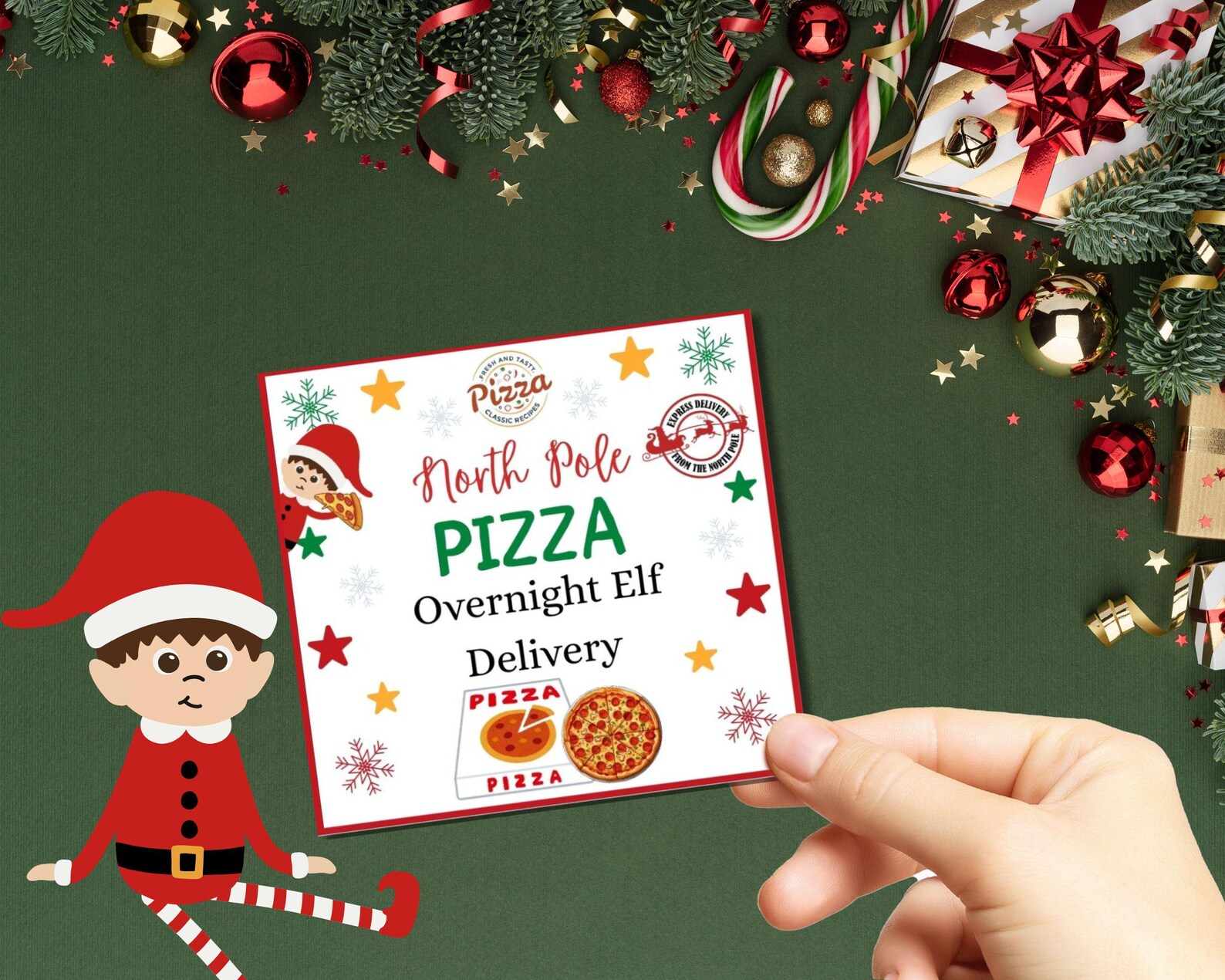 Elf North Pole Pizza Delivery Tag, PRINTABLE, Elf Christmas Pizza Sign ...