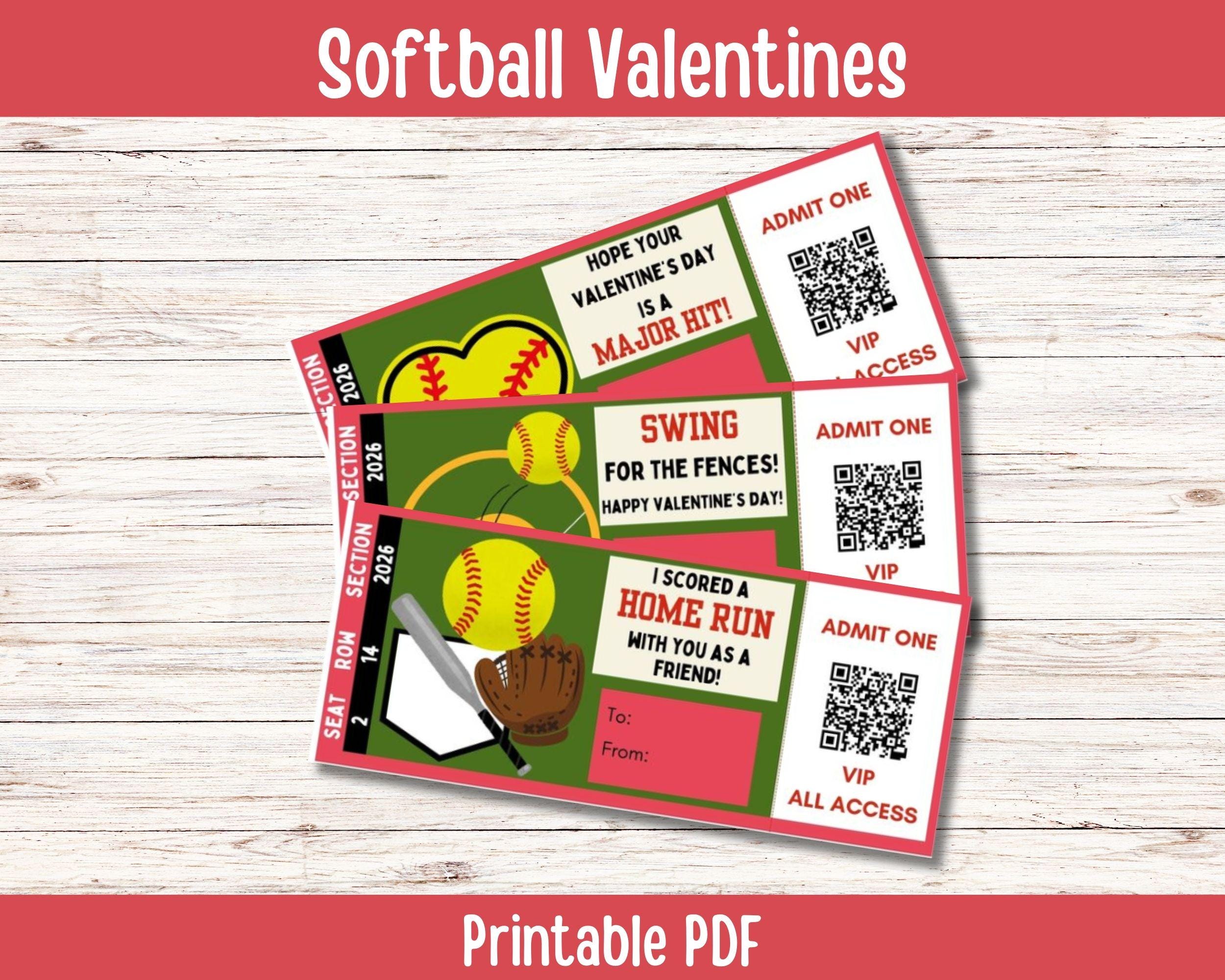 Softball Valentines Day Card, PRINTABLE Softball Ticket Valentine, Home ...