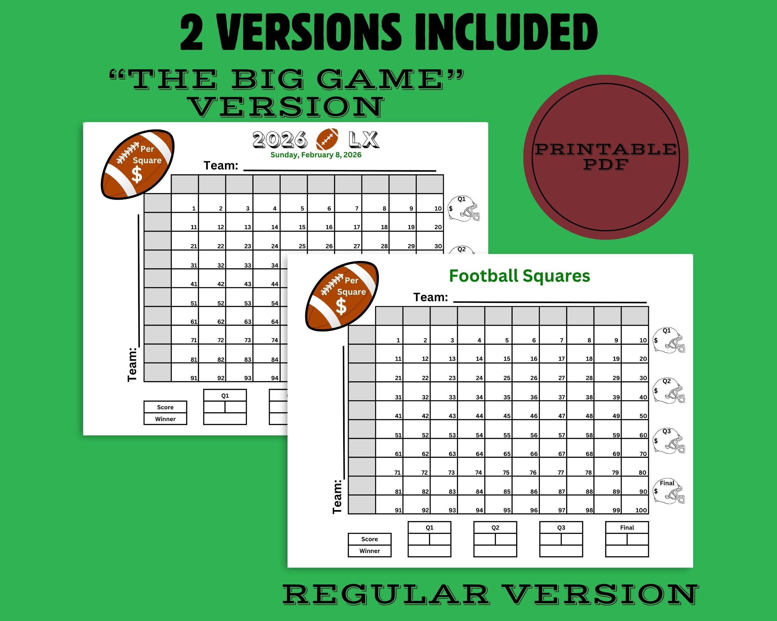 Super Big Game Football Squares, PRINTABLE 100 Square Football Pool ...