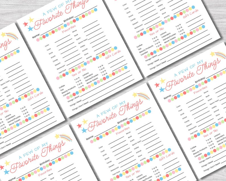 Favorite Things List, PRINTABLE, Teachers Favorites List, Gift ...