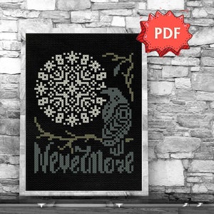 Nevermore Cross Stitch Pattern // Gothic Raven Stitching Design, Raven and Moon Chart, Poe ...