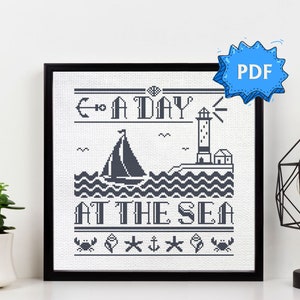 Seashore Cross Stitch Pattern // A Day at the Sea Primitive Stitching ...