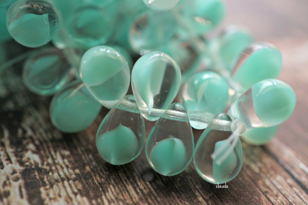 FREE SHIPPING Aqua Droplets, Teardrop Beads, Czech Beads, Beads, 25-1sb ...