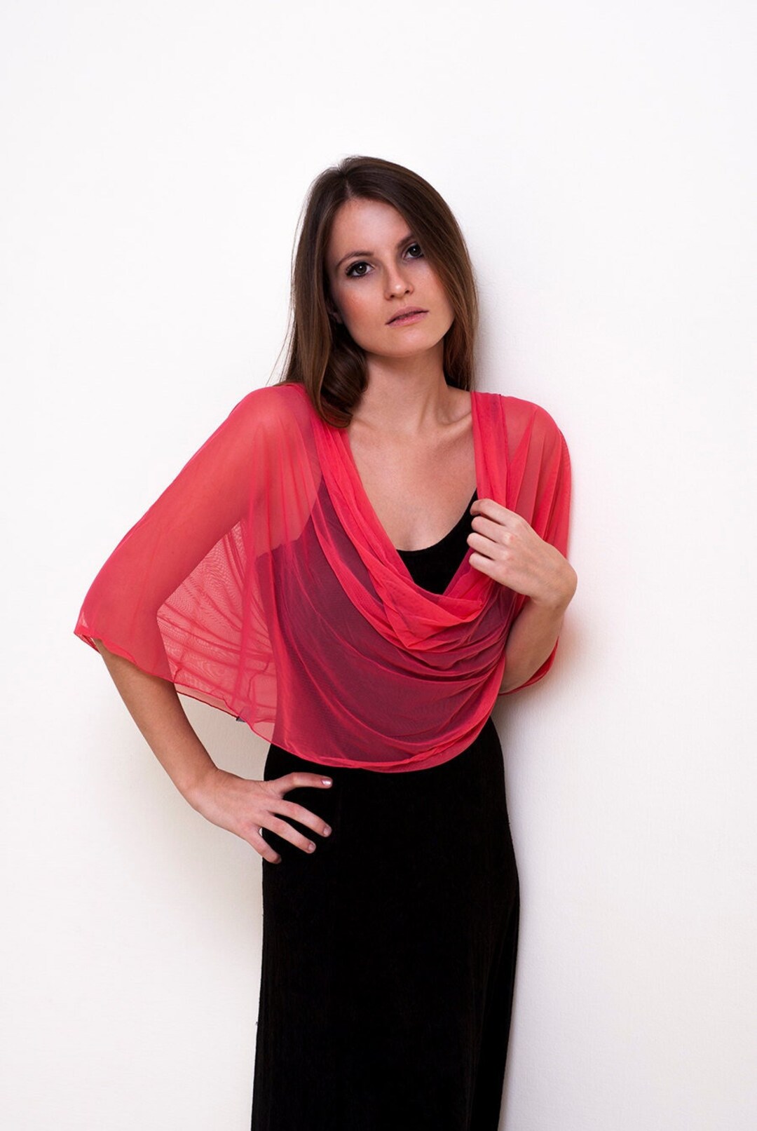 Plus Size Coral Sheer Shawl With 4 Wearing Options - Shawl, Shrug ...