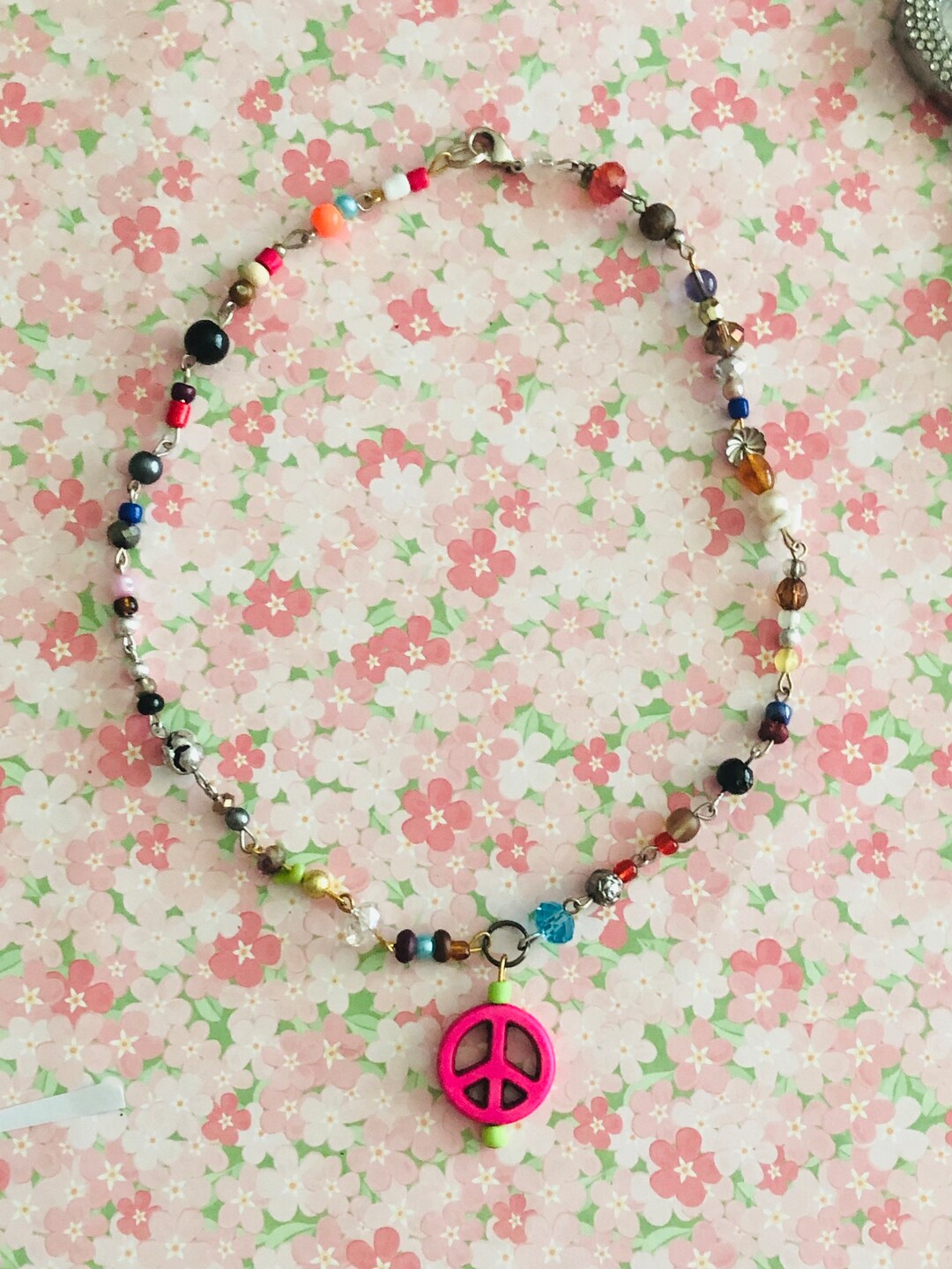 Bright PINK PEACE SIGN Choker, Handmade Random Bead 16 Inch Necklace ...