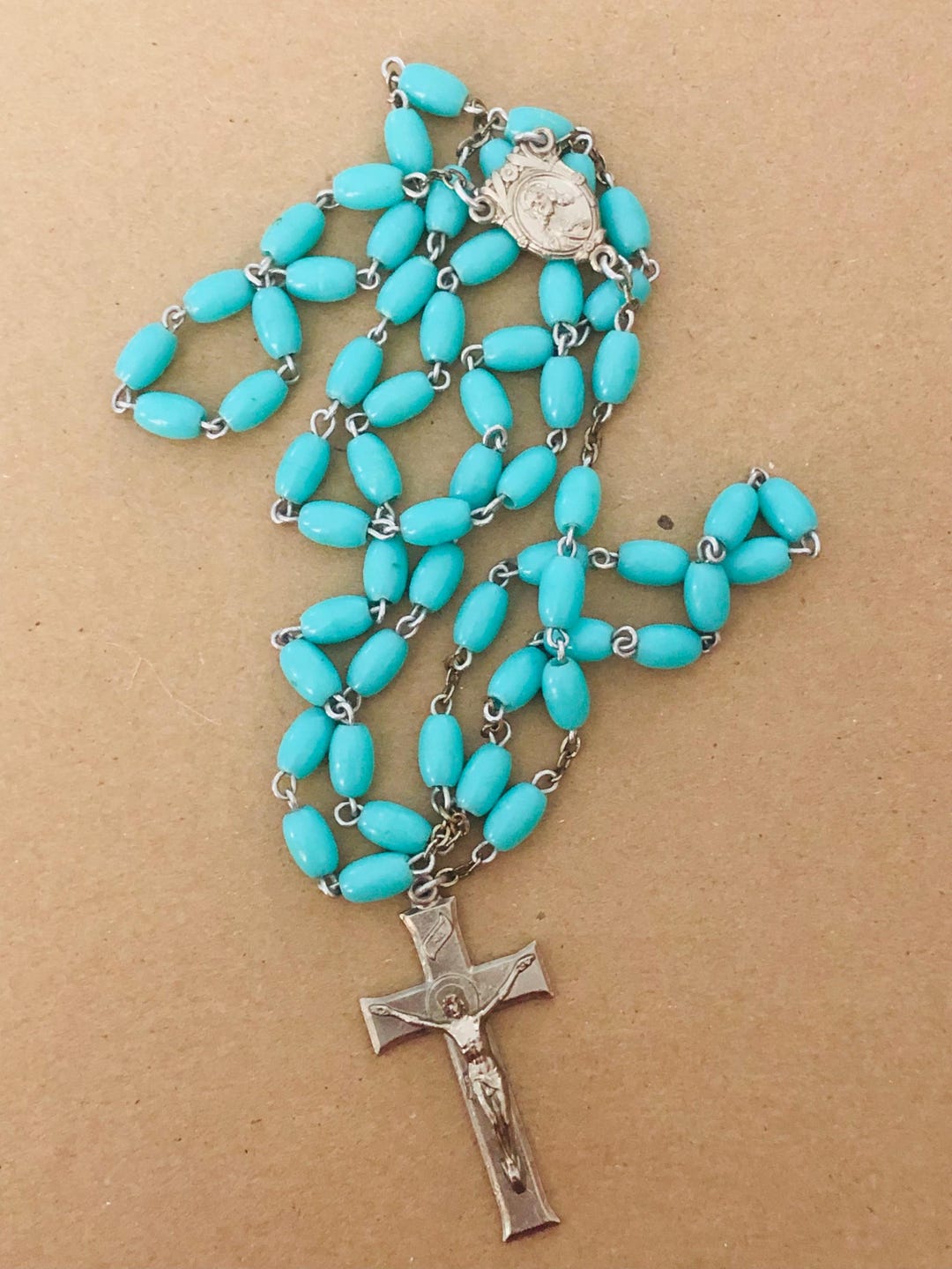VINTAGE ROSARY With Metal CROSS. Acrylic Tourqoise Color Beads. From ...