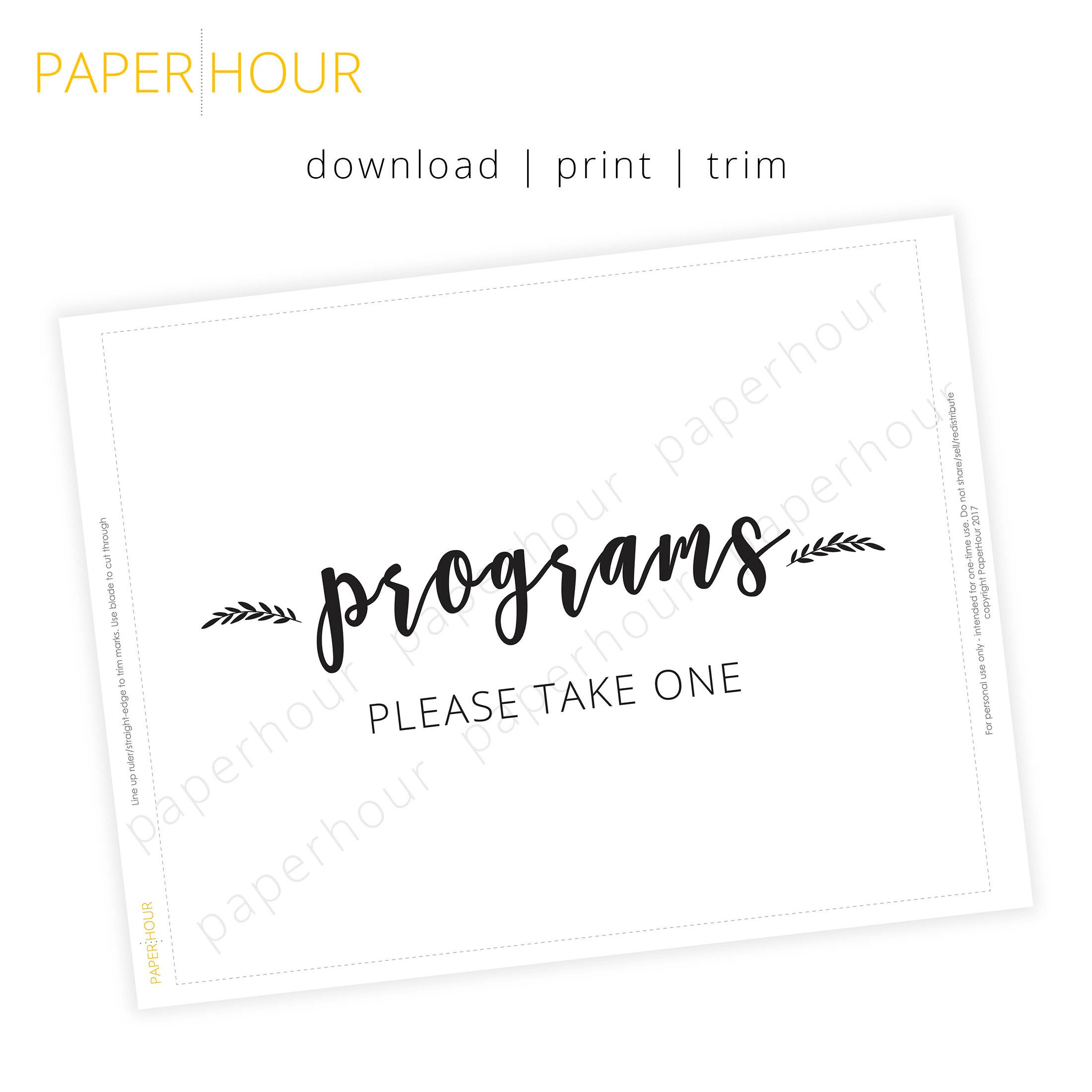 Printable Wedding Reception Sign | Programs Please Take One | Instant ...