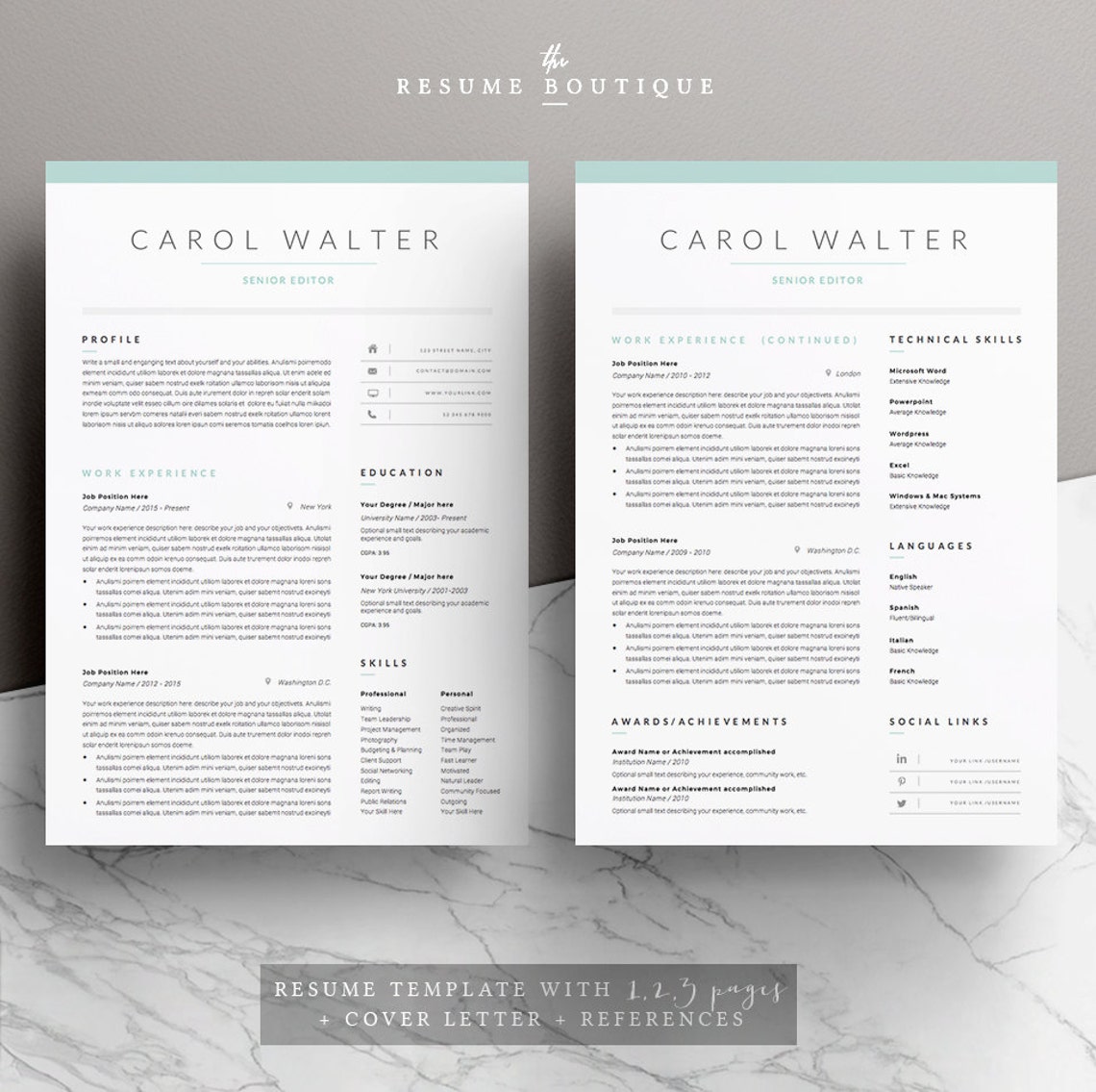 5 Page Resume Template and Cover Letter + References Template for Word | DIY Printable | the ...