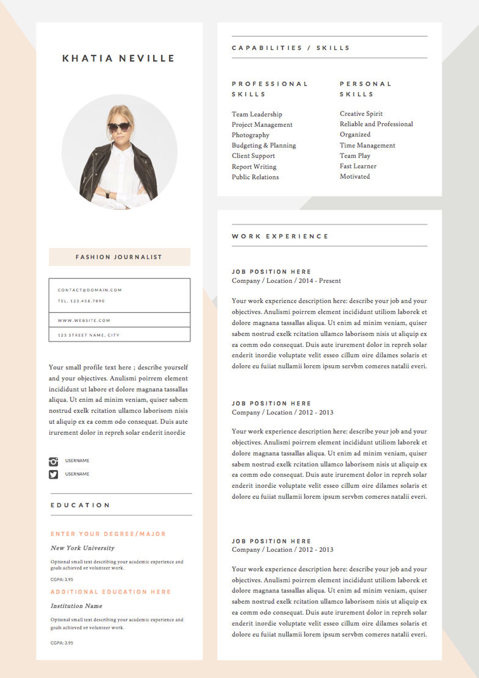 5 Page Resume Template and Cover Letter + References Template for Word | DIY Printable | "modern ...