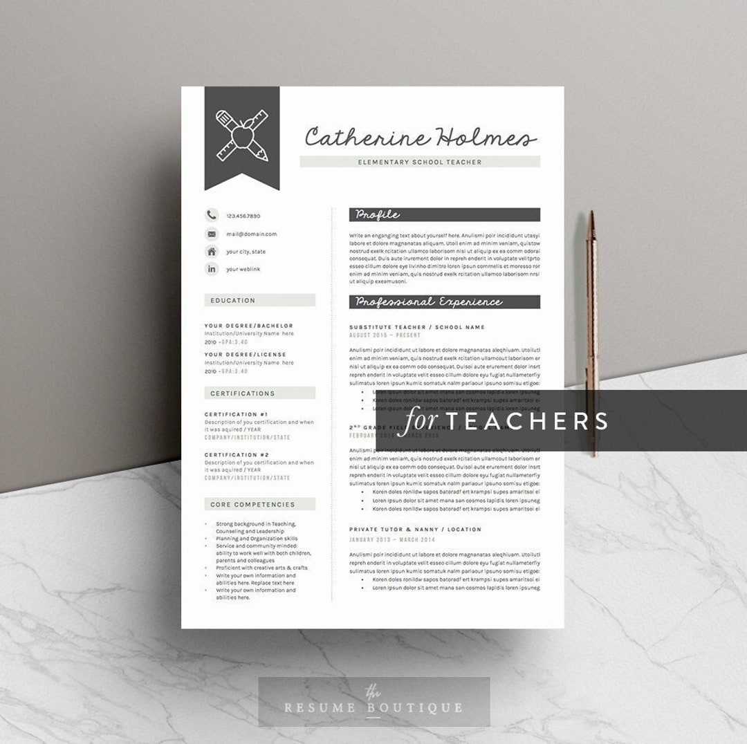 Teacher Resume Template for Word ( 5 Pages ) + Icon Pack | Teacher CV ...