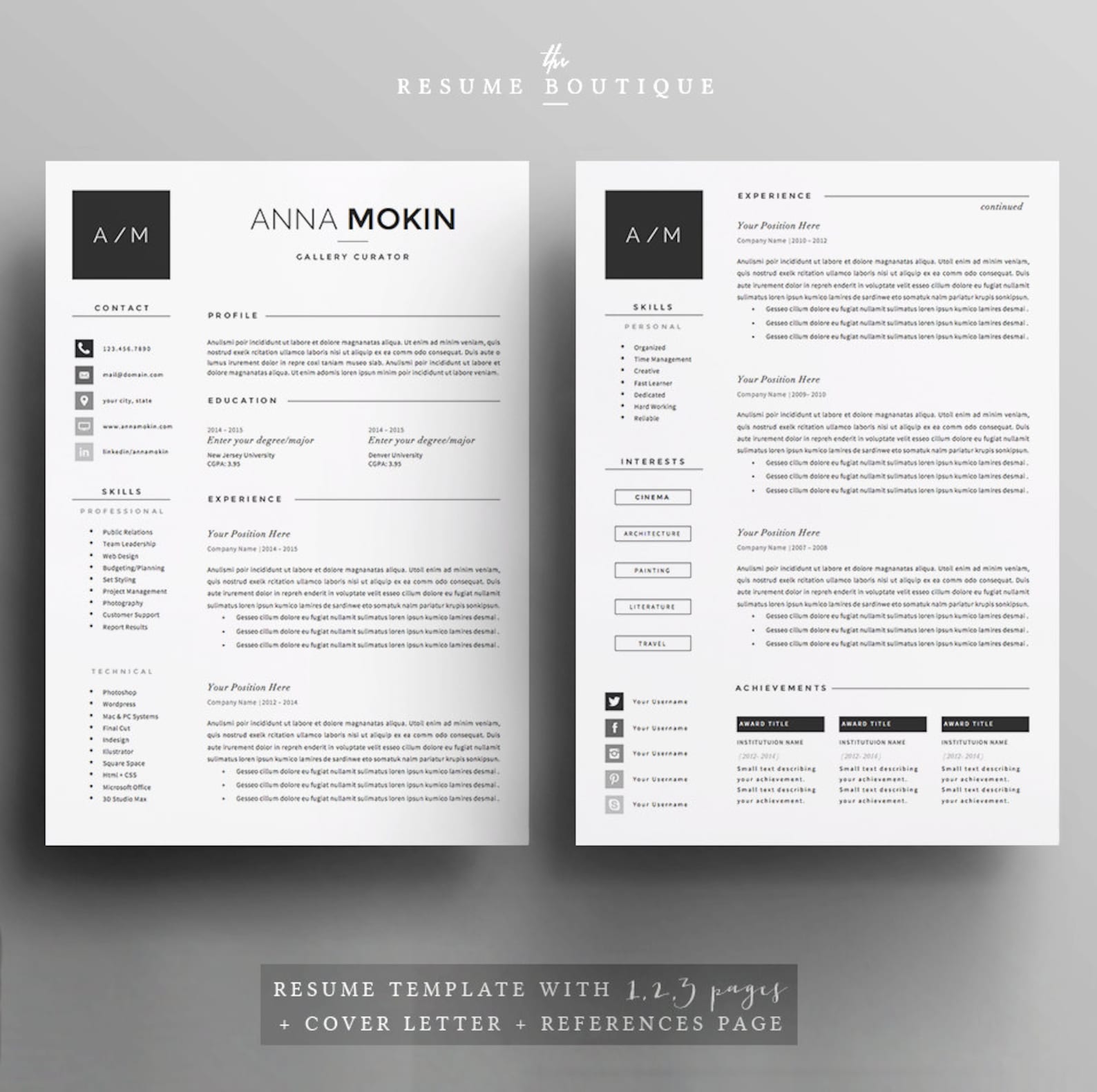 5 Page Resume / CV Template Cover Letter References for MS Word Instant ...