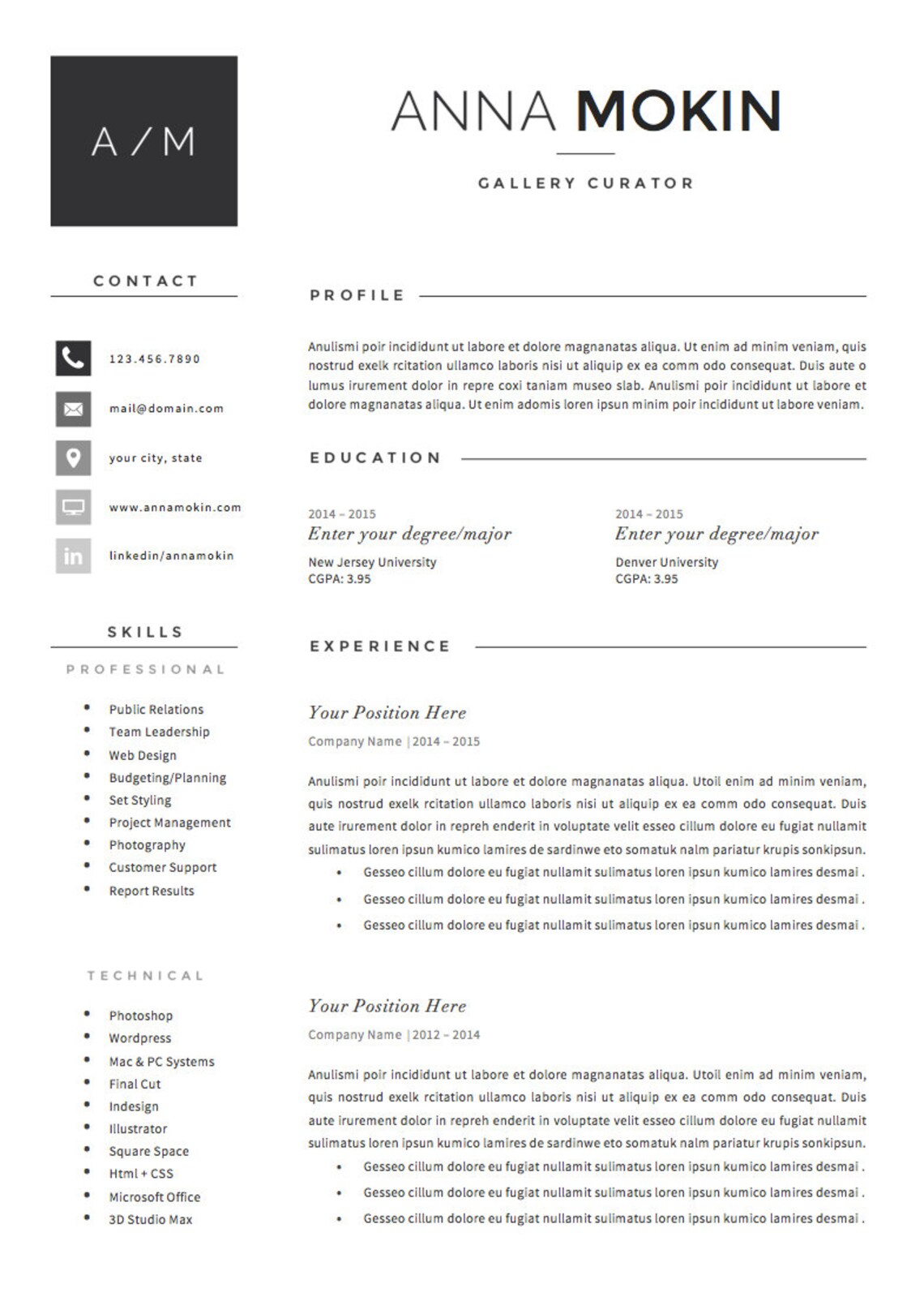 5 Page Resume / CV Template Cover Letter References for MS | Etsy